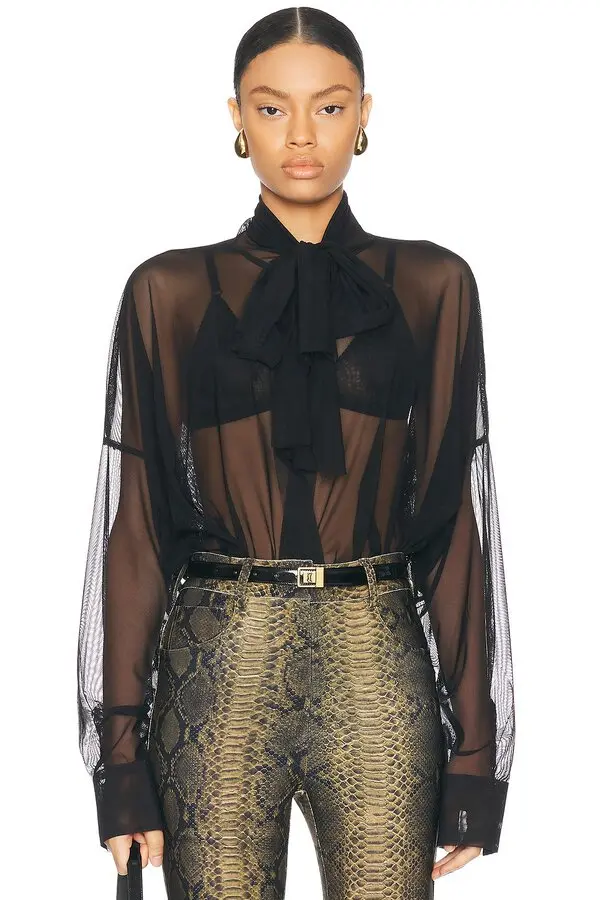 Norma Kamali Super Oversized Boyfriend Shirt Bow Bodysuit - Black