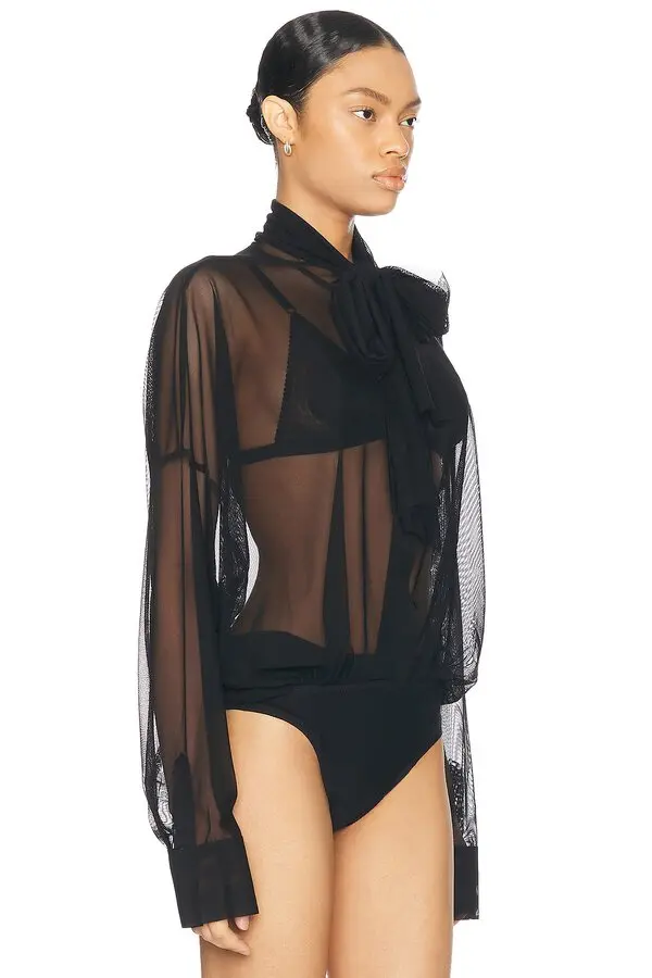 Norma Kamali Super Oversized Boyfriend Shirt Bow Bodysuit - Black