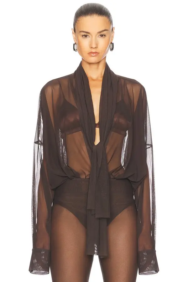 Norma Kamali Super Oversized Boyfriend Shirt Bow Bodysuit - Espresso