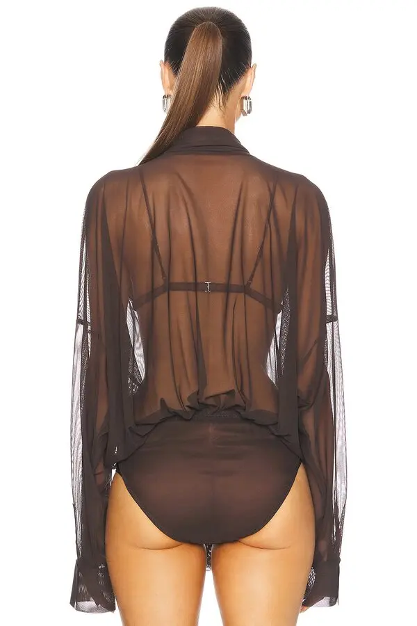 Norma Kamali Super Oversized Boyfriend Shirt Bow Bodysuit - Espresso