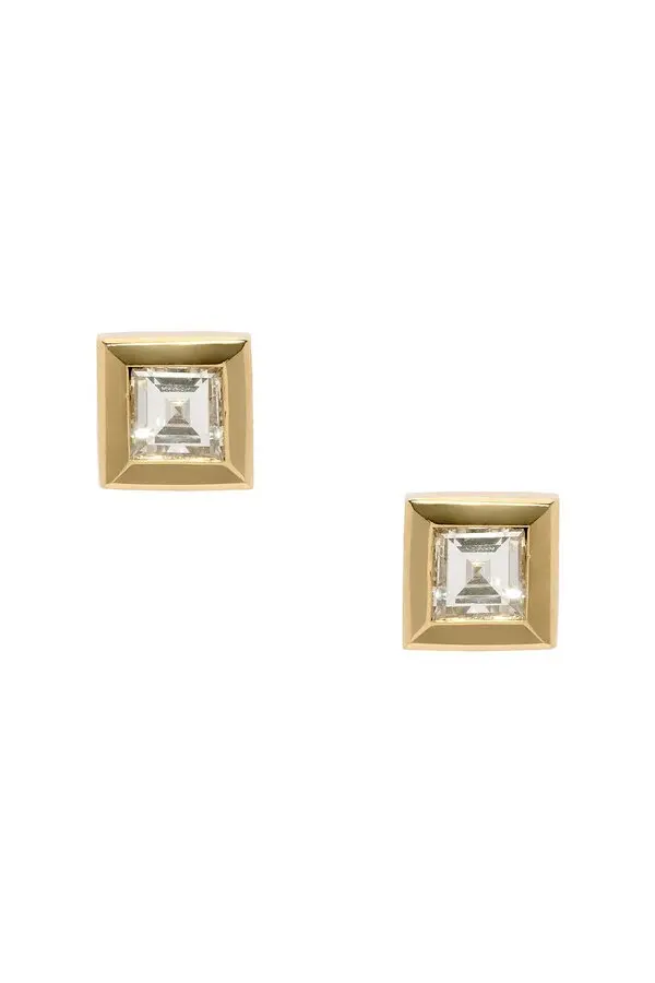 AZLEE Bare Carre Stud Earrings - 18k Yellow Gold & Diamond