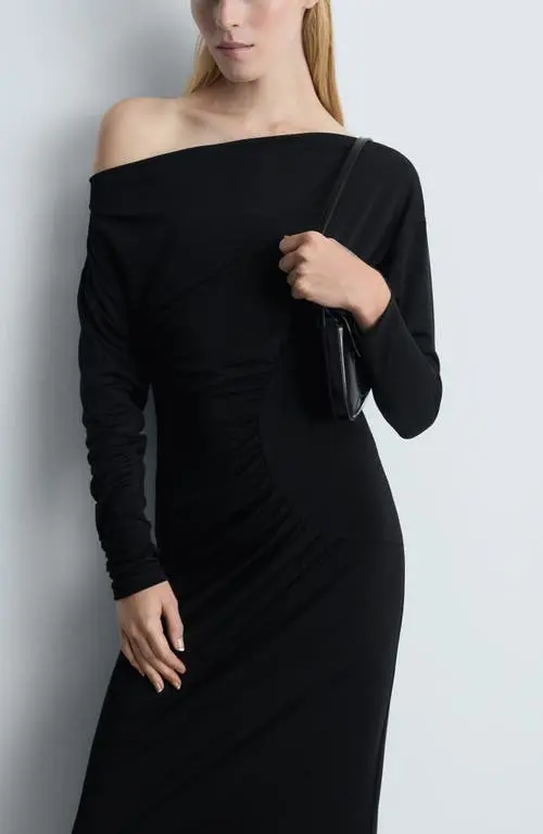 Mango One-Shoulder Long-Sleeve Midi Dress - Black | Editorialist