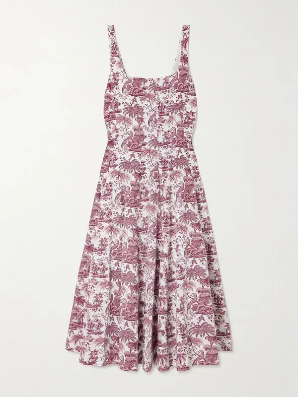 Staud Wells Pleated Printed Midi Dress In Burgundy - 9% Off | Editorialist