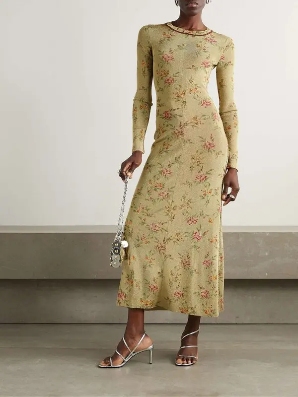 Rabanne Distressed Floral-Print Metallic Maxi Dress In Gold - 40% Off |  Editorialist