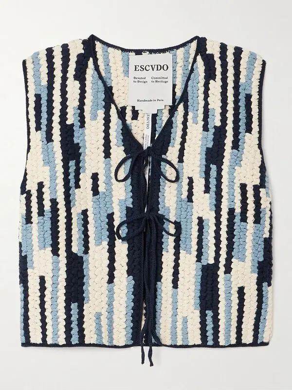 Escvdo Anadara Striped Crocheted Organic Cotton Vest - Blue