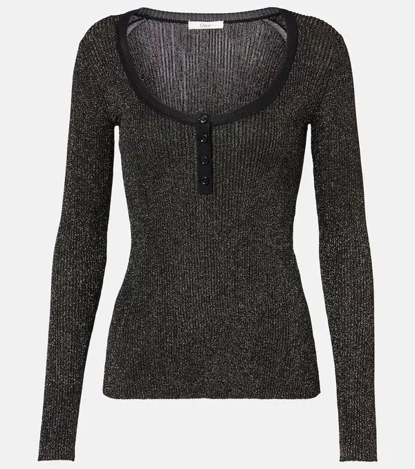 Chloé Ribbed-knit Lurex® Henley Shirt - Black