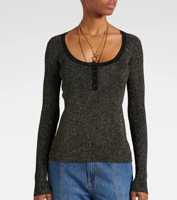 Chloé Ribbed-knit Lurex® Henley Shirt - Black
