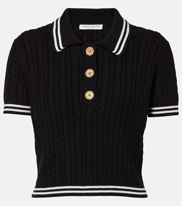 Alessandra Rich Cable-knit Cropped Cotton Polo Shirt - Black