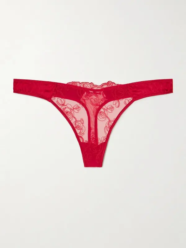 Kiki De Montparnasse La Rose Embroidered Tulle And Stretch-silk Charmeuse Thong - Red