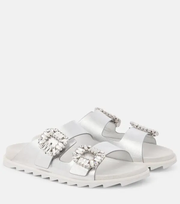 ROGER VIVIER Crystal-embellished Leather Slides - Silver