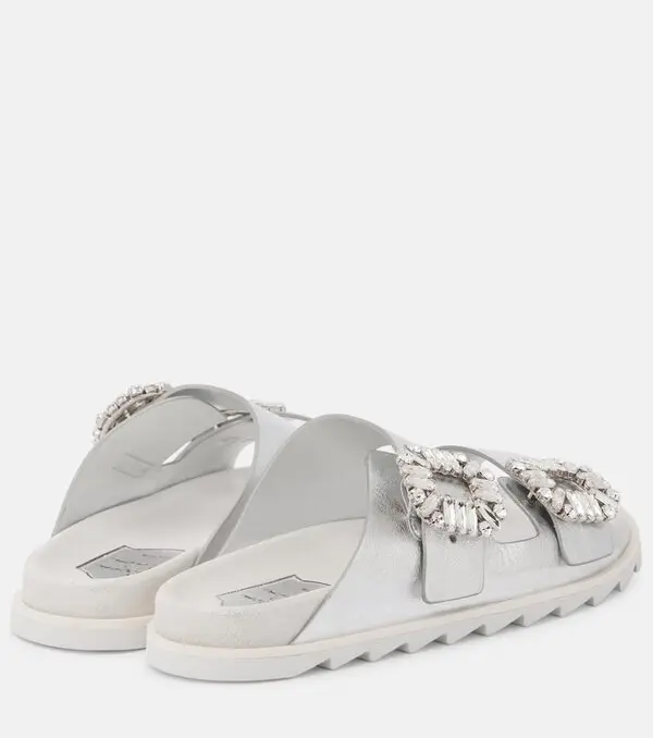 ROGER VIVIER Crystal-embellished Leather Slides - Silver