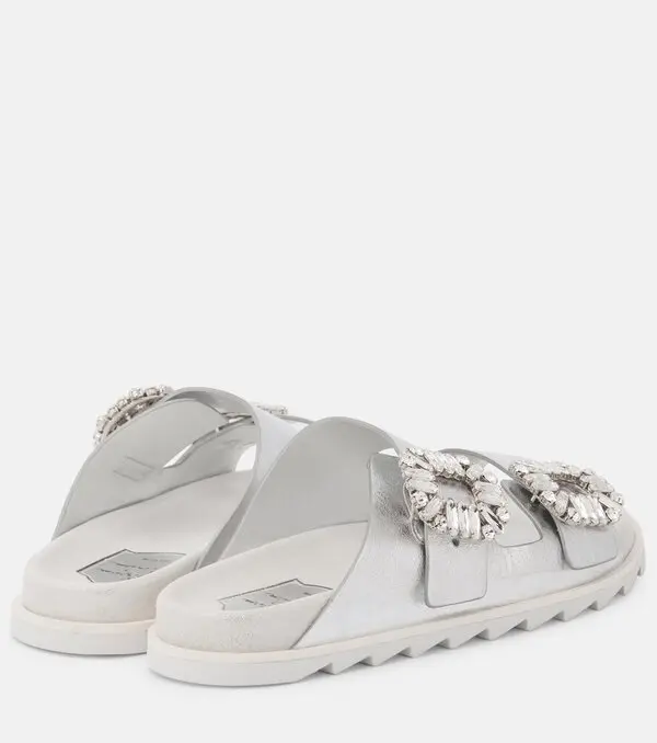 ROGER VIVIER Crystal-embellished Leather Slides - Silver
