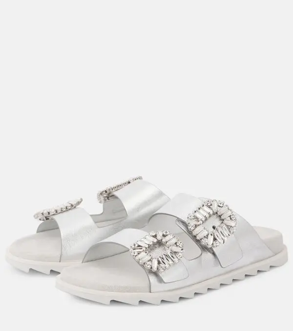 ROGER VIVIER Crystal-embellished Leather Slides - Silver