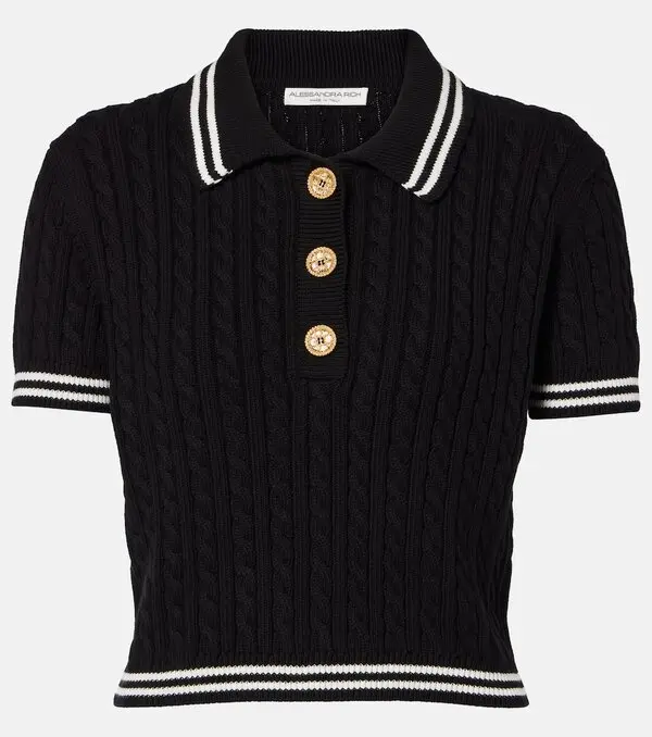 Alessandra Rich Cable-knit Cropped Polo Shirt - Black