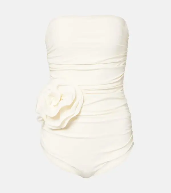 Magda Butrym Floral-appliqué Ruched Swimsuit - White