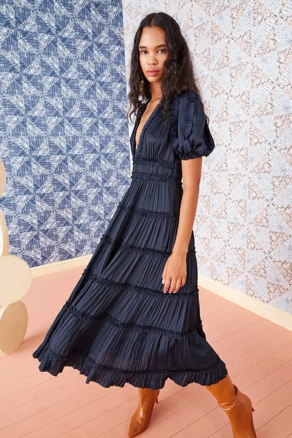 Ulla Johnson Olivia Plisse Satin Midi Dress