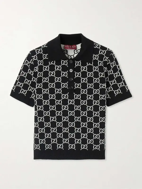 Gucci Reversible Logo-Jacquard Wool-Blend Polo Shirt Black
