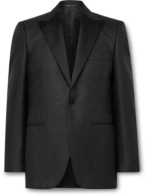 Canali Slim-fit Satin-trimmed Slubbed Wool And Silk-blend Tuxedo Jacket