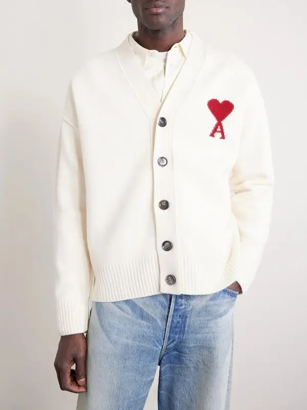 AMI Paris Logo-intarsia Merino Wool Cardigan