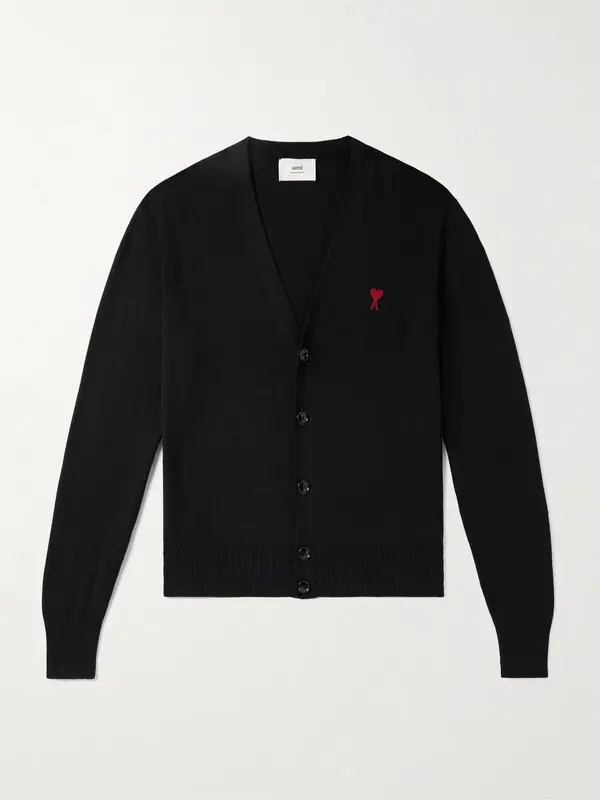 AMI Paris Slim-fit Logo-embroidered Merino Wool Cardigan