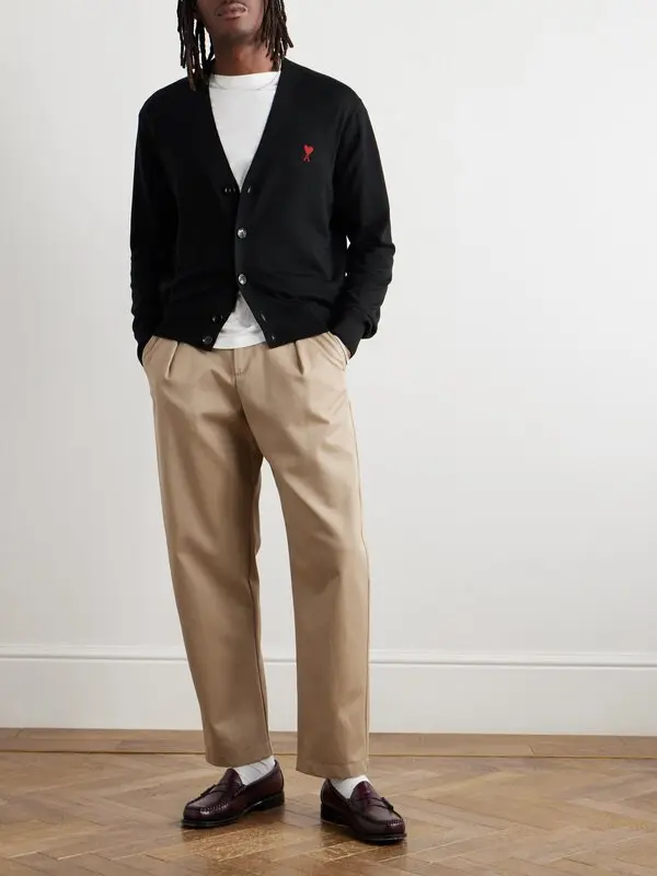 AMI Paris Slim-fit Logo-embroidered Merino Wool Cardigan
