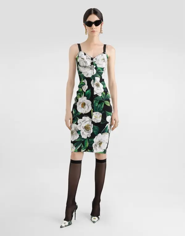 Dolce & Gabbana Stretch Marquisette Midi Dress With Gardenia - Print
