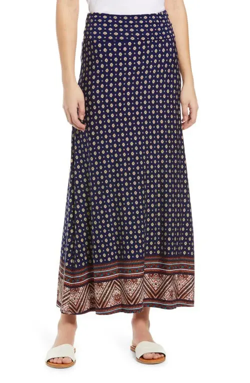 Loveappella Border Print Roll Top Maxi Skirt - Navy/tomato