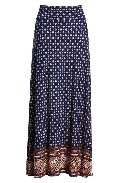 Loveappella Border Print Roll Top Maxi Skirt - Navy/tomato