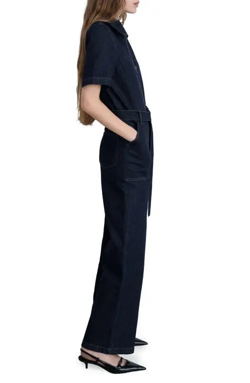 Mango Belted Wide Leg Denim Jumpsuit