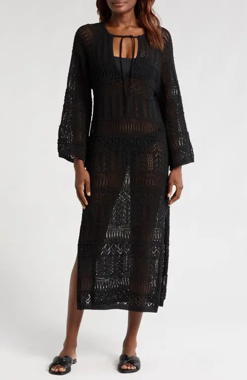 Elan Lace Knit Long Sleeve Cover-up Midi Dress - Black