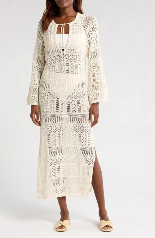 Elan Lace Knit Long Sleeve Cover-up Midi Dress - Natural