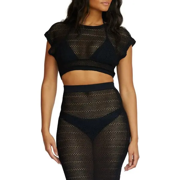 PQ SWIM Renee Open Stitch Cover-up Crop Top - Black
