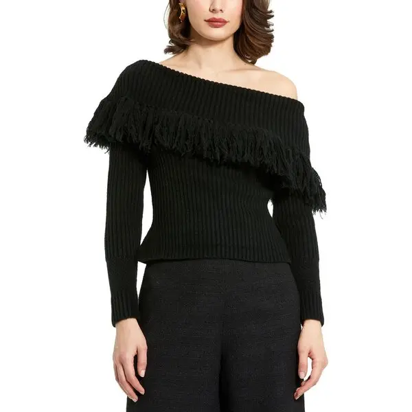 Mac Duggal Off-the-shoulder Fringe Knit Sweater