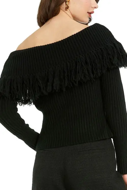 Mac Duggal Off-the-shoulder Fringe Knit Sweater