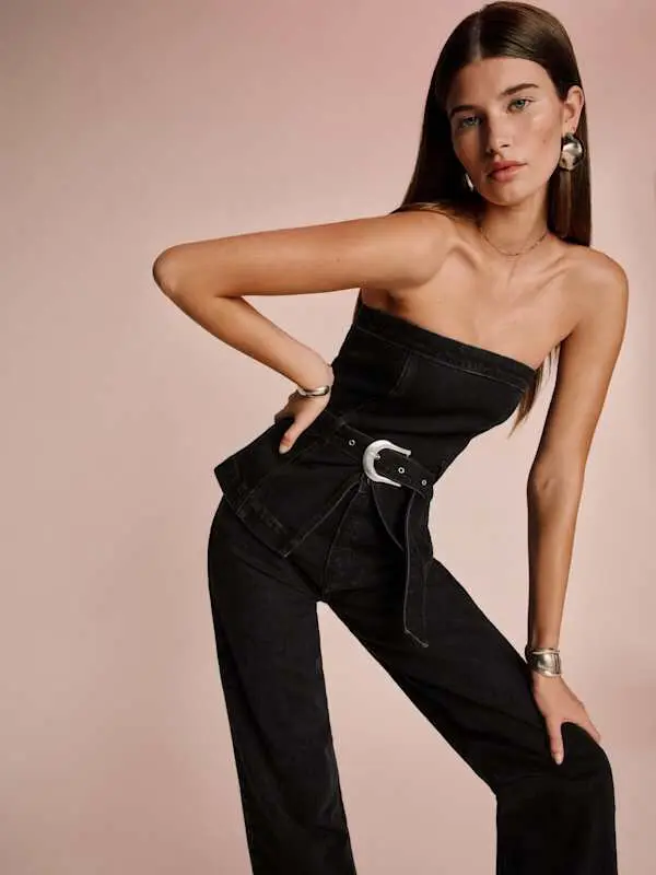REFORMATION Collins Strapless Denim Top - Black