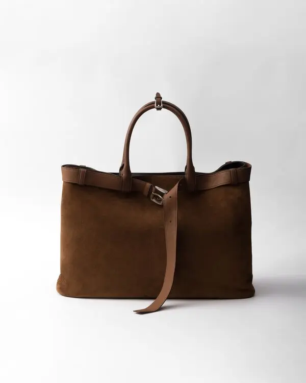 Prada Buckle Suede Bag With Belt - Cocoa Brown