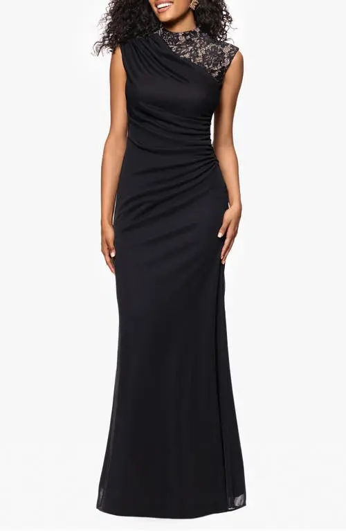 Betsy & Adam Lace Trim Asymmetric Ruched Gown