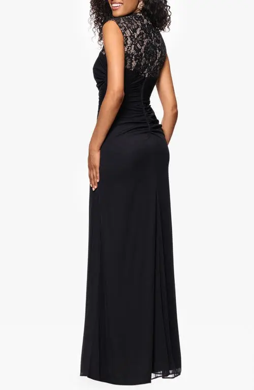 Betsy & Adam Lace Trim Asymmetric Ruched Gown