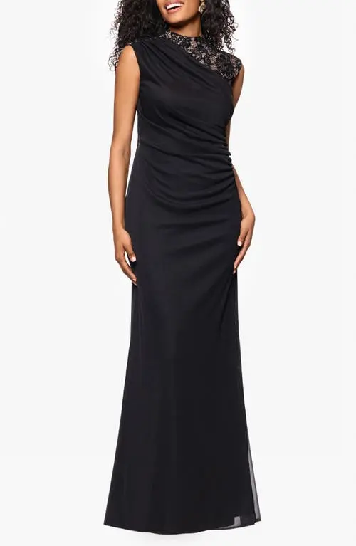Betsy & Adam Lace Trim Asymmetric Ruched Gown