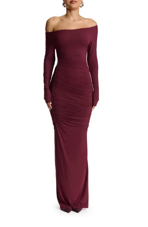 Naked Wardrobe Ruched Off The Shoulder Maxi Dress - Burgundy