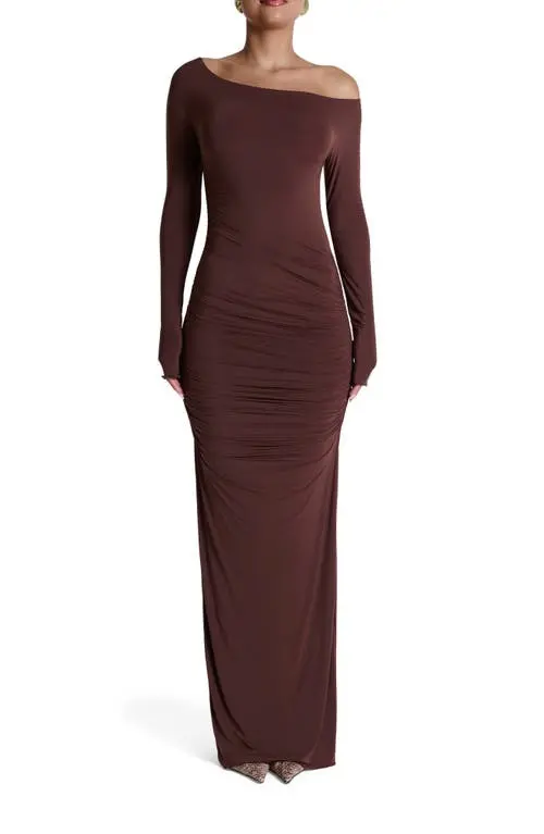 Naked Wardrobe Ruched Off The Shoulder Maxi Dress - Chocolate