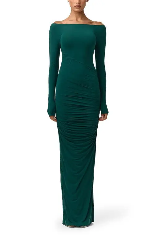 Naked Wardrobe Ruched Off The Shoulder Maxi Dress - Pine Green