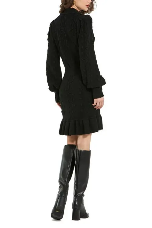 Mac Duggal Long Sleeve Bobble Knit Button-up Dress - Black
