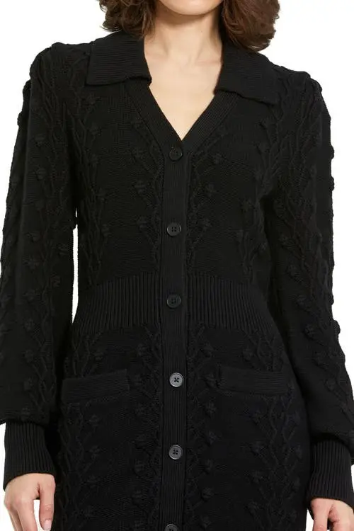 Mac Duggal Long Sleeve Bobble Knit Button-up Dress - Black