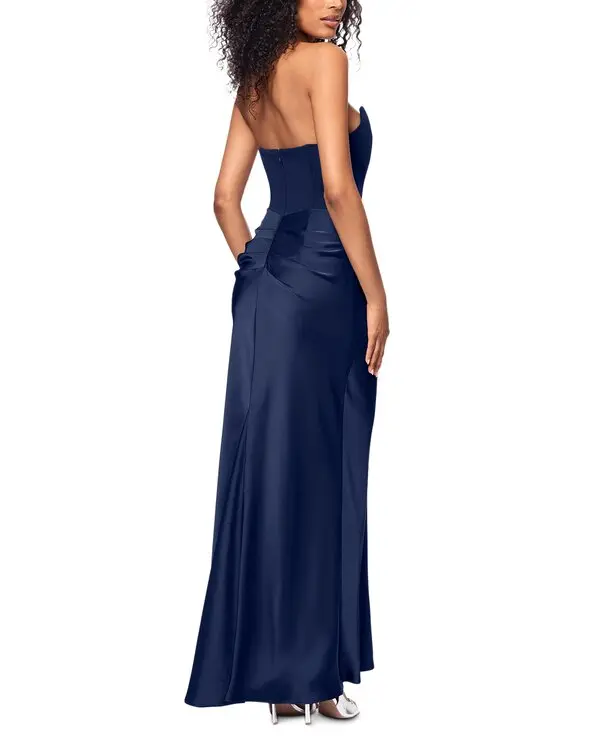 Aqua Long Scuba Strapless Gown - Navy