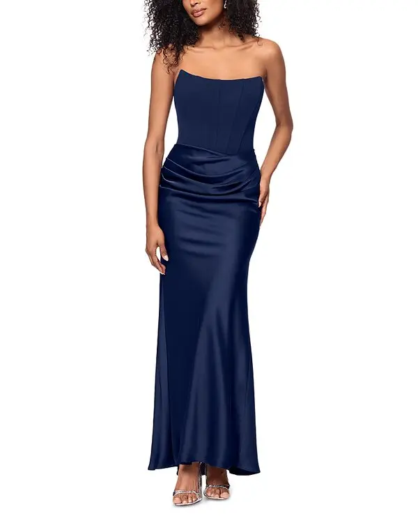 Aqua Long Scuba Strapless Gown - Navy