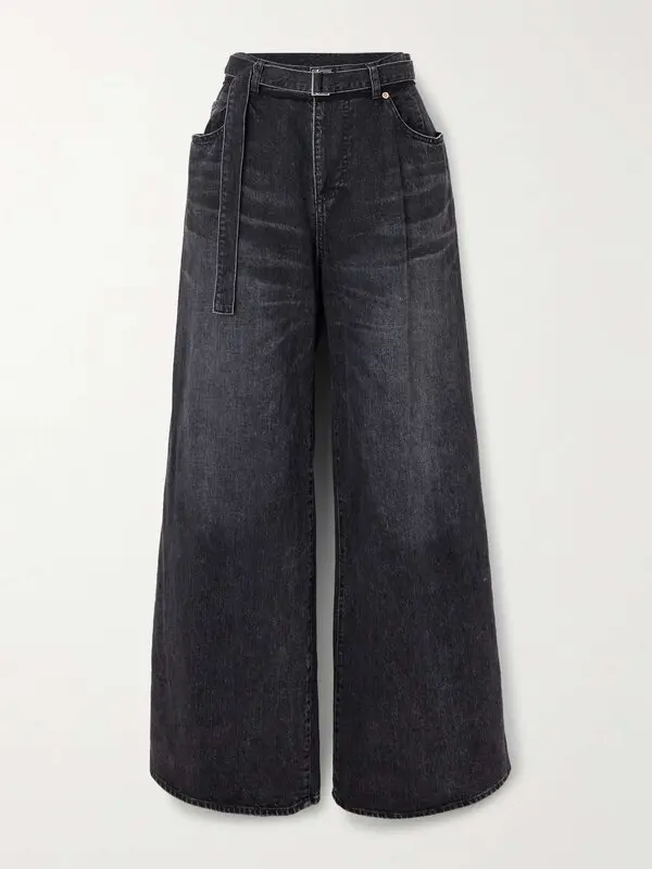 Sacai Belted High-rise Wide-leg Jeans - Black