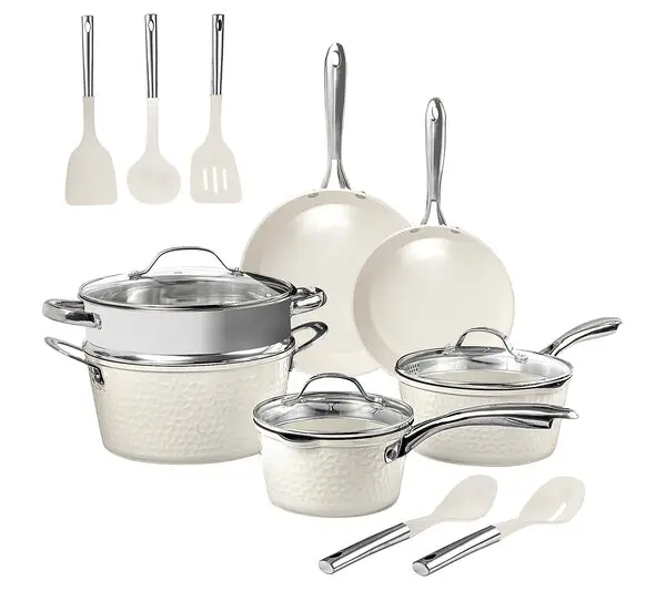 GOTHAM STEEL Hammered Cream 15 Piece Cookware A Nd Utensil Set - One-color