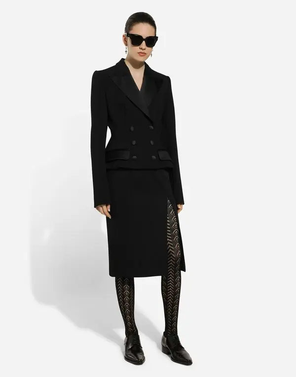 Dolce & Gabbana Calf-length Wool Gabardine Skirt With Slit - Black