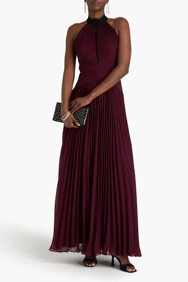Lace-trimmed Pleated Chiffon Gown